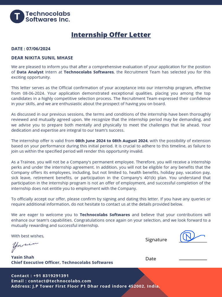 Data Analyst Intern Offer at Technocolabs | PDF | Business