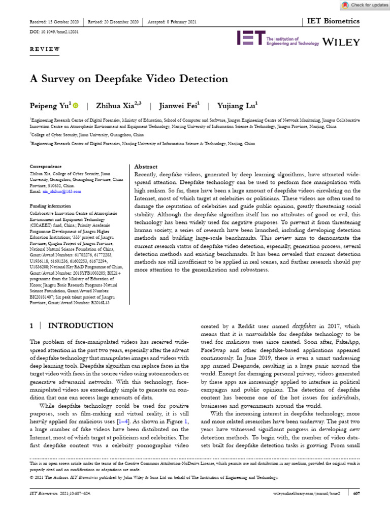 IET Biometrics - 2021 - Yu - A Survey On Deepfake Video Detection | PDF ...