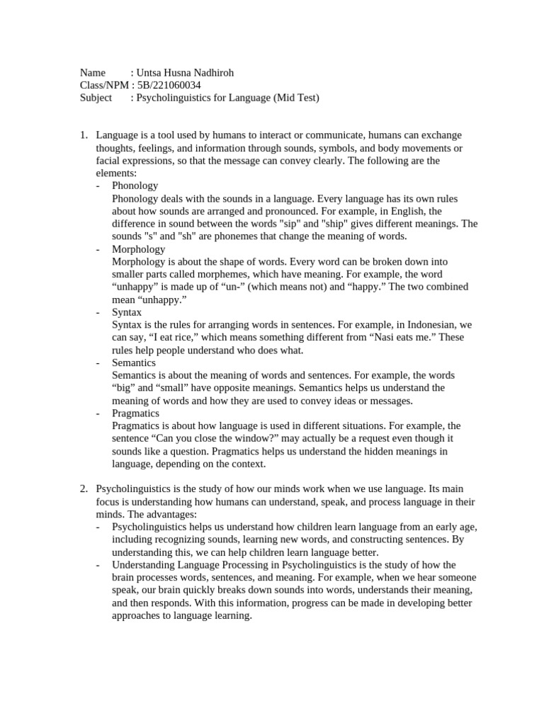 Paper Psycholinguistic Language and Cognition: How Children Learn ...