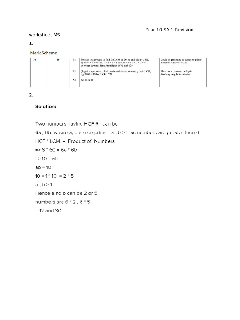 Year 10 SA 1 Revision Worksheet MS | PDF