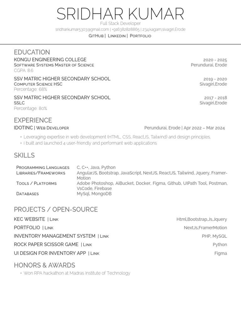SRIDHAR's Resume | PDF