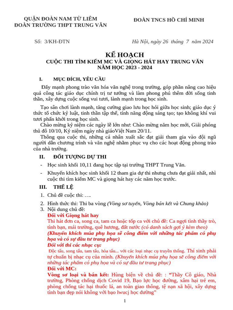 KH CUỘC THI TÌM KIẾM MC VÀ GIỌNG HÁT HAY TRUNG VĂN NĂM HỌC 2024 - 2025 | PDF