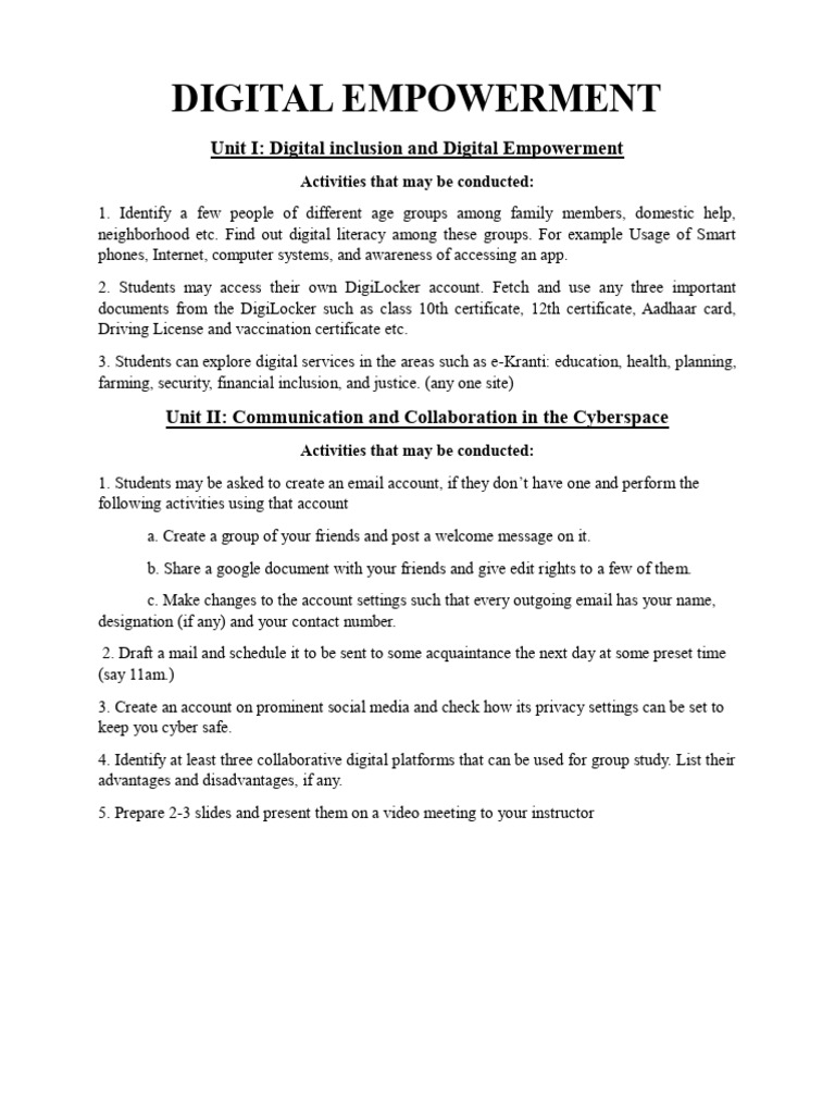 Digital Empowerment Activity List Unit1&2 | PDF