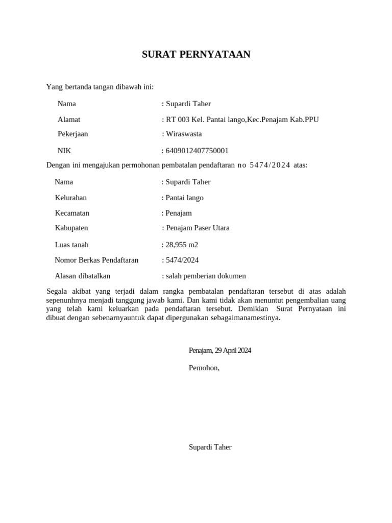 Surat Pernyataan Pembatalan | PDF