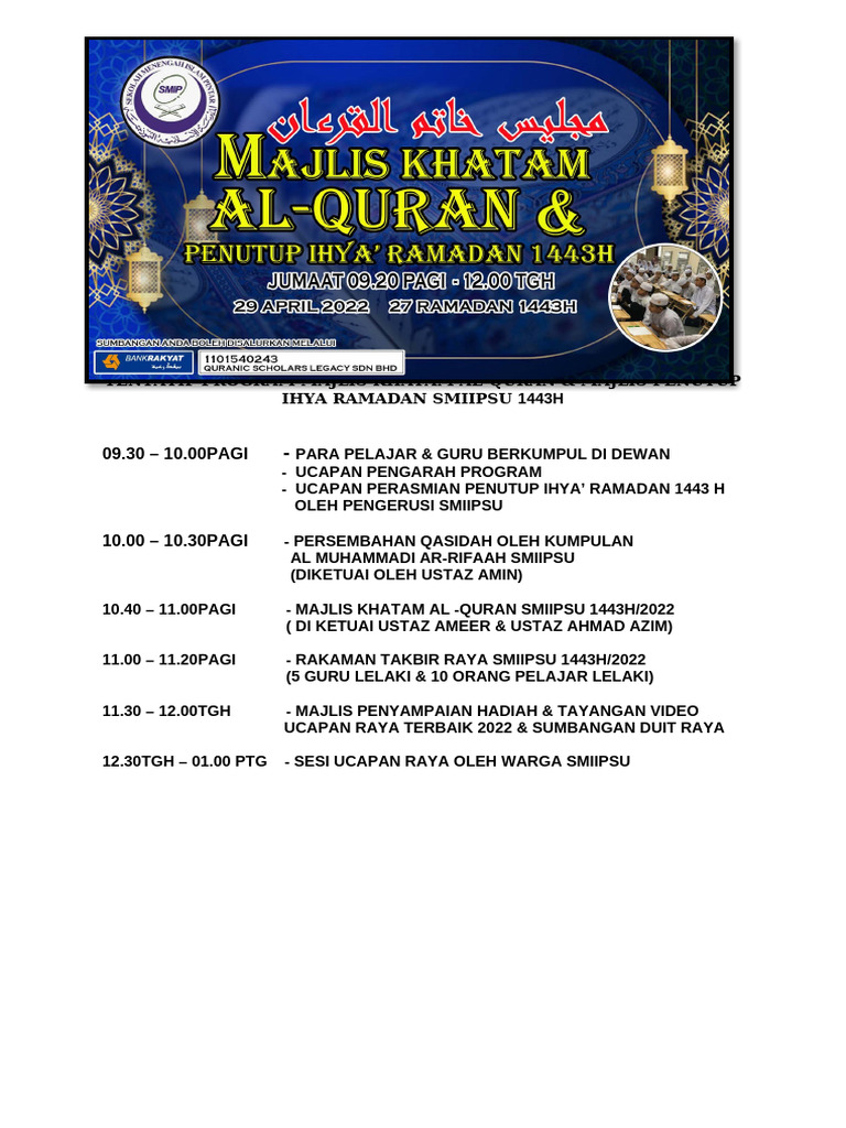 TENTATIF PROGRAM MAJLIS KHATAM AL | PDF