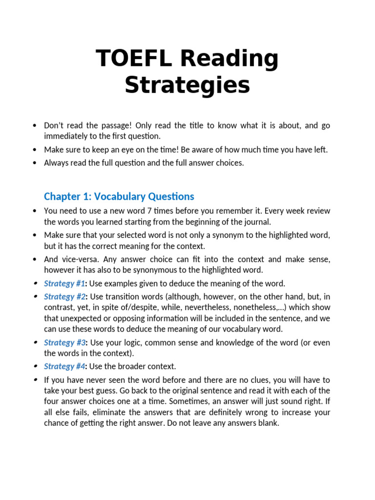 TOEFL Reading Strategies | PDF | Question | Inference