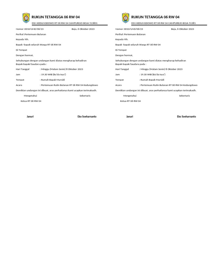 Undangan Pertemuan Bulanan RT 06 RW 04 | PDF