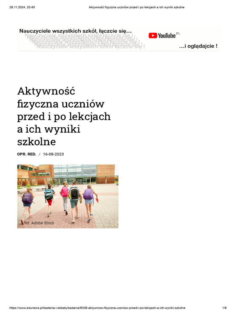 Aktywność Fizyczna Uczniów Przed I Po Lekcjach A Ich Wyniki Szkolne | PDF
