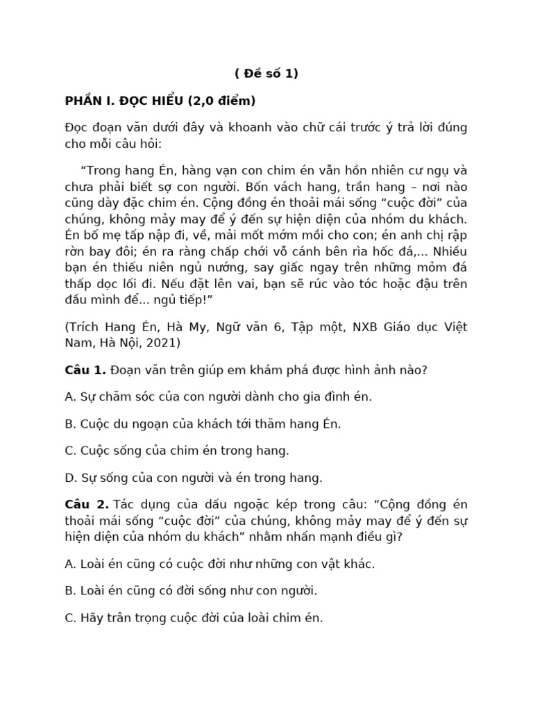 Đề thi HKI ngữ văn lớp 6 | PDF