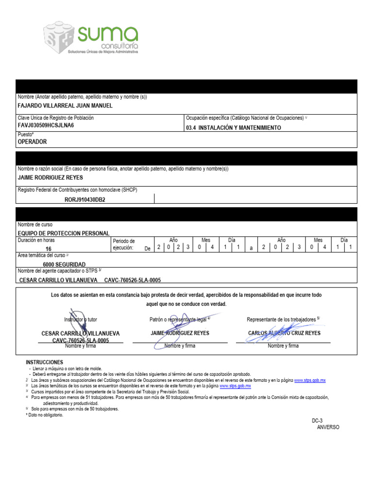 2023 dc3 Equipo de Protección Personal | PDF