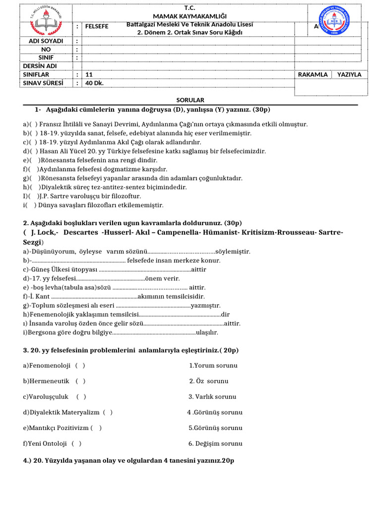 11.sinif Felsene Dersi 2.donem 2.yazili Sinav Sorulari 2021 2022 | PDF