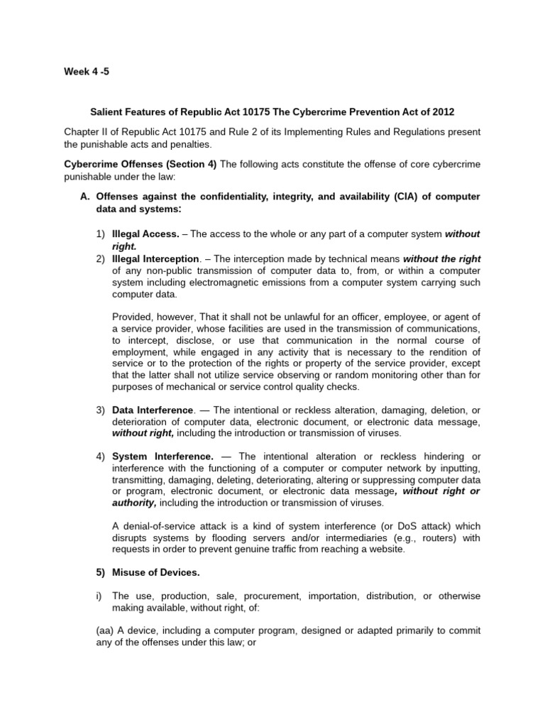 Week 4 5 Salient Features of Republic Act 10175 The Cybercrime ...