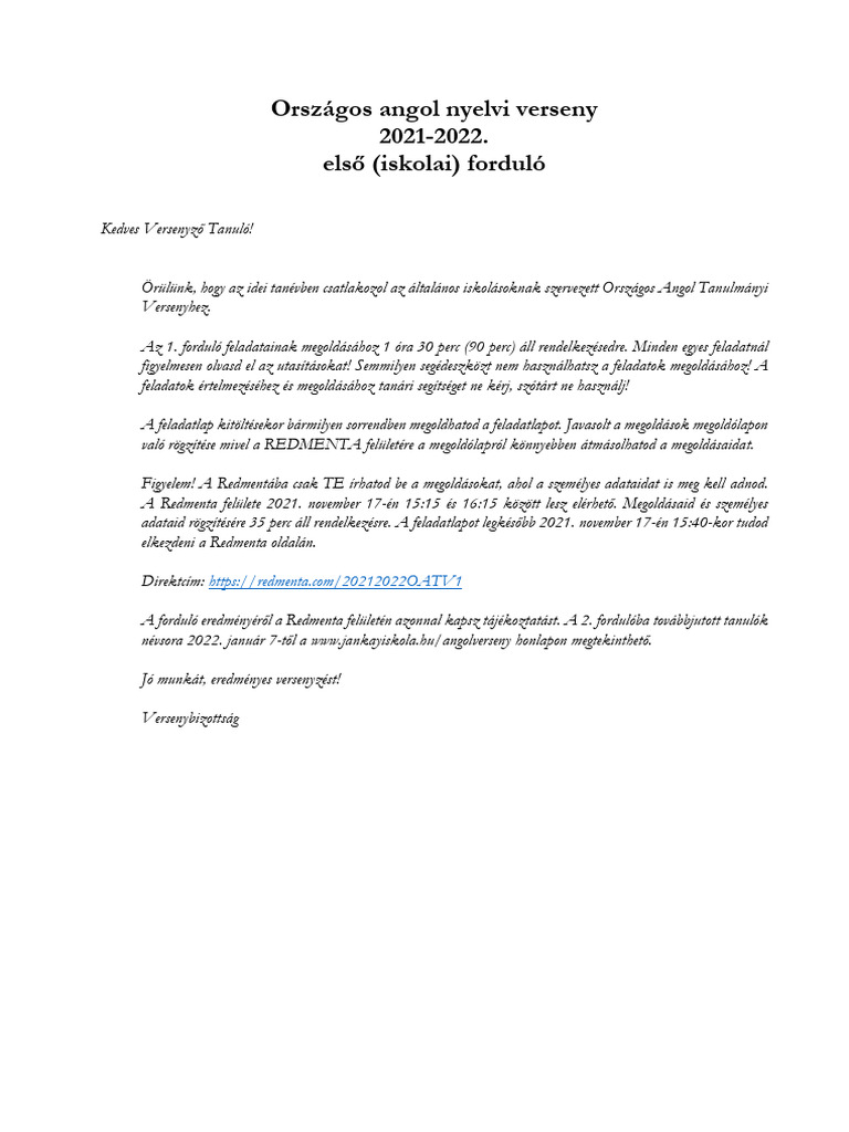 Országos Angol Nyelvi Verseny 2021-2022. Első (Iskolai) Forduló | PDF | Camping | Campsite