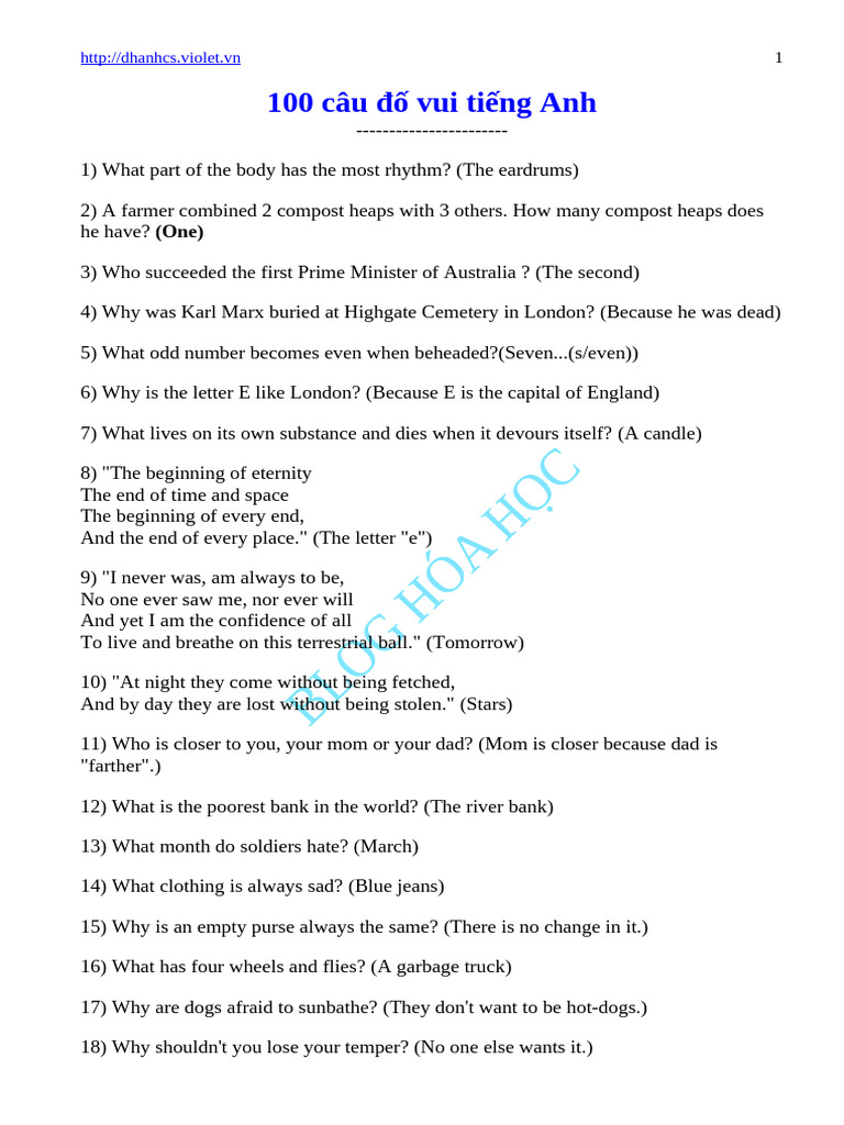 100 Cau Hoi Do Vui Tieng Anh | PDF