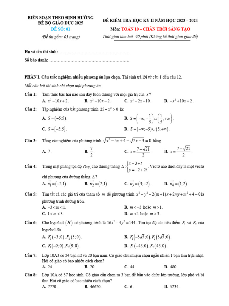 T Huy - ÔN TẬP CUỐI HK2 - CTST - TOÁN 10 (Soạn theo minh hoạ BGD 2025) | PDF