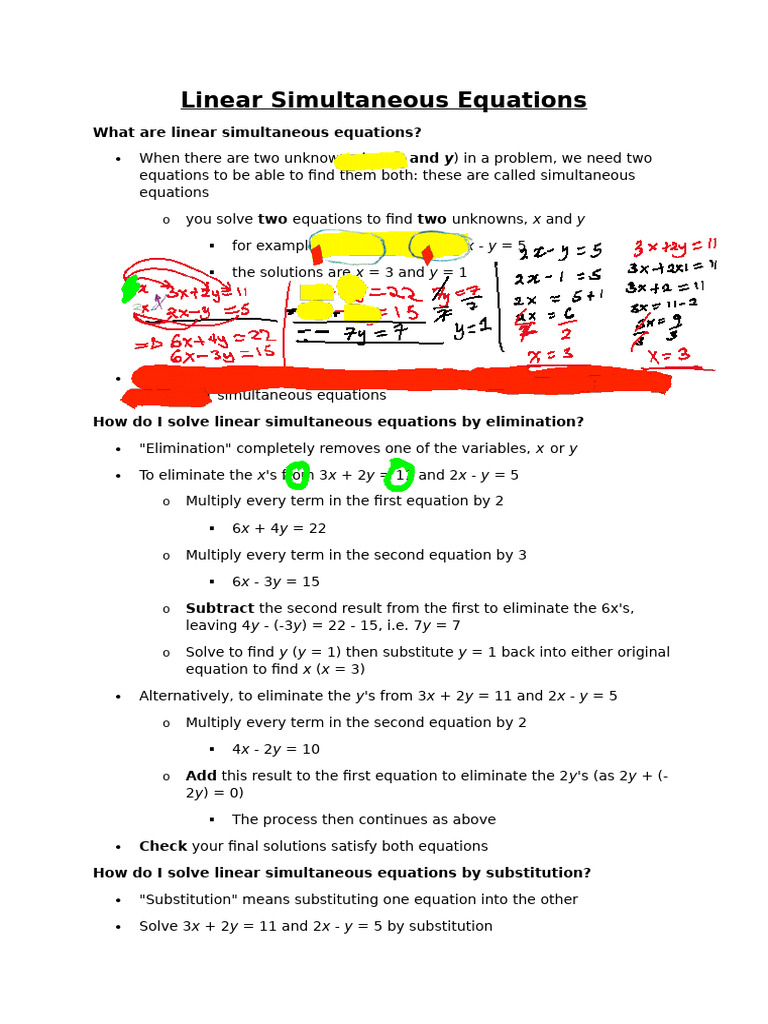 Linear Simultaneous Equations | PDF | Equations | Quadratic Equation