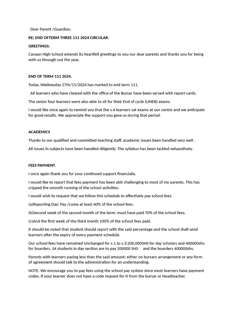 Canaan High School End of Term 3 Update | PDF