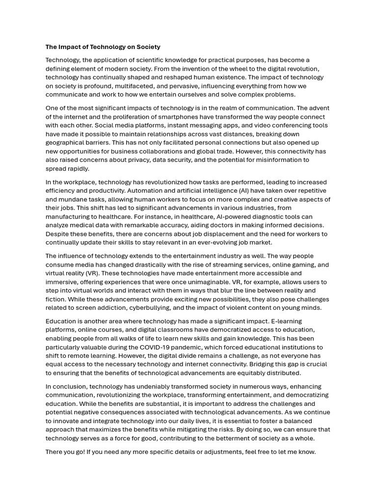 The Impact of Technology On Society | PDF | Educational Technology ...