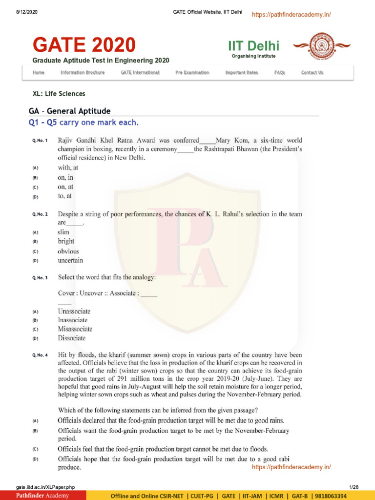 2020 GATE Life Sciences Paper | PDF
