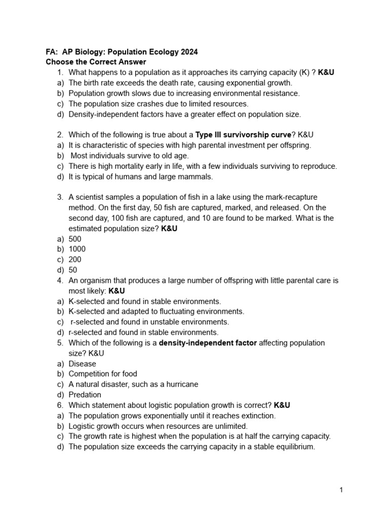 FA_ AP Biology_ Population Ecology 2024 | PDF | Bacteria | Nature
