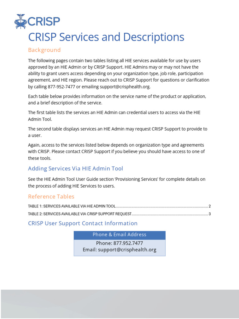 CRISP Services and Descriptions 11.8.24 | PDF | Health Care | Medicine