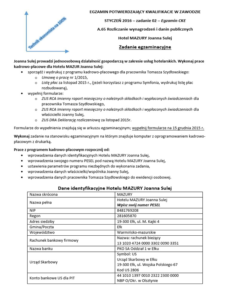 A.65 Styczeń 2016 Hotel Mazury Zadanie | PDF