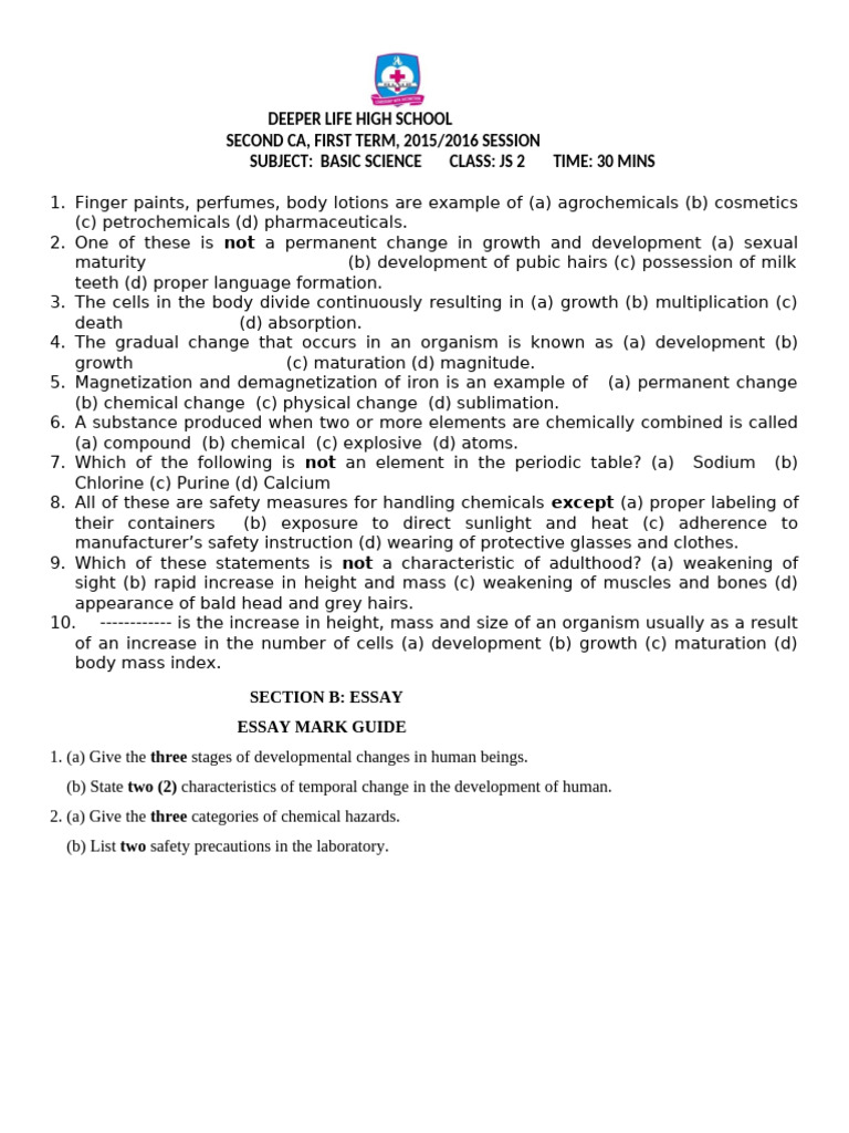 Basic Science Exam for JS 2 Students | PDF