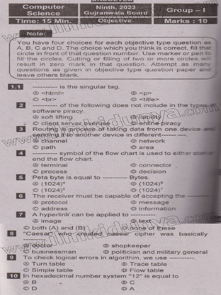 Past Paper 2023 9th Class Gujranwala Board Computer Science Objective ...