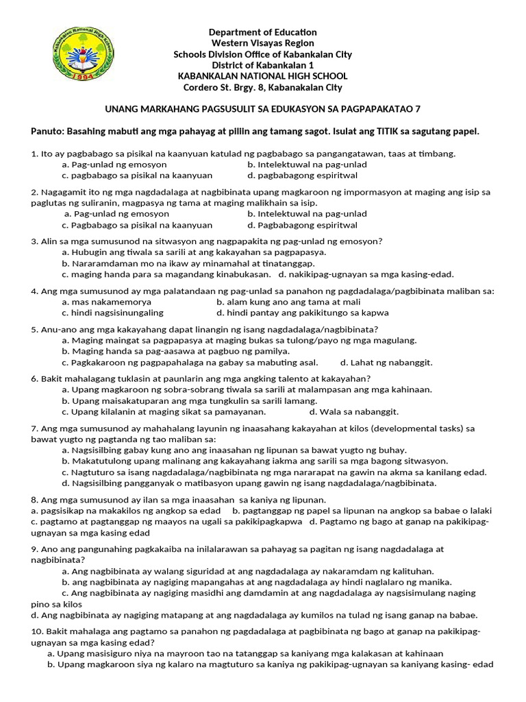 ESP 7. unang markahan....1 | PDF