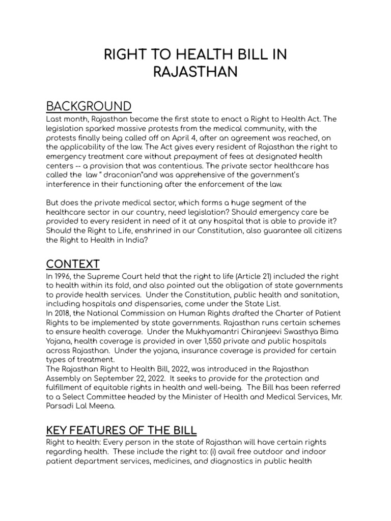 Rajasthan's Right to Health Bill Overview | PDF | Health Care ...