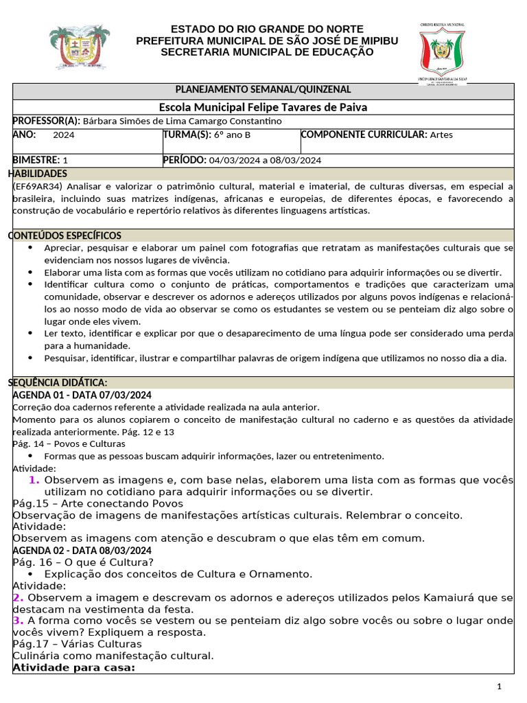Planejamento de Artes 6º Ano - 2024 | PDF | Imagem | Lazer