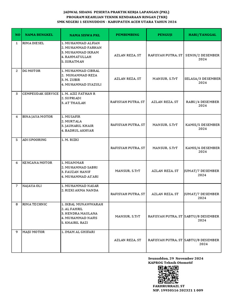 Jadwal Sidang PKL TKR | PDF