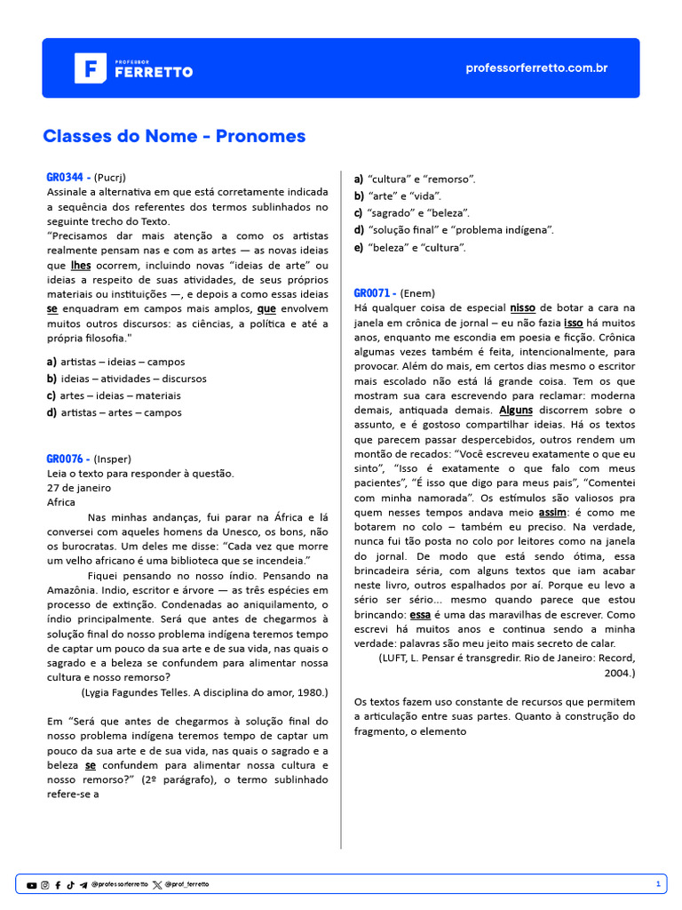 Questions - Gramatica - Classes Do Nome Pronomes | PDF | Violino | Tempo