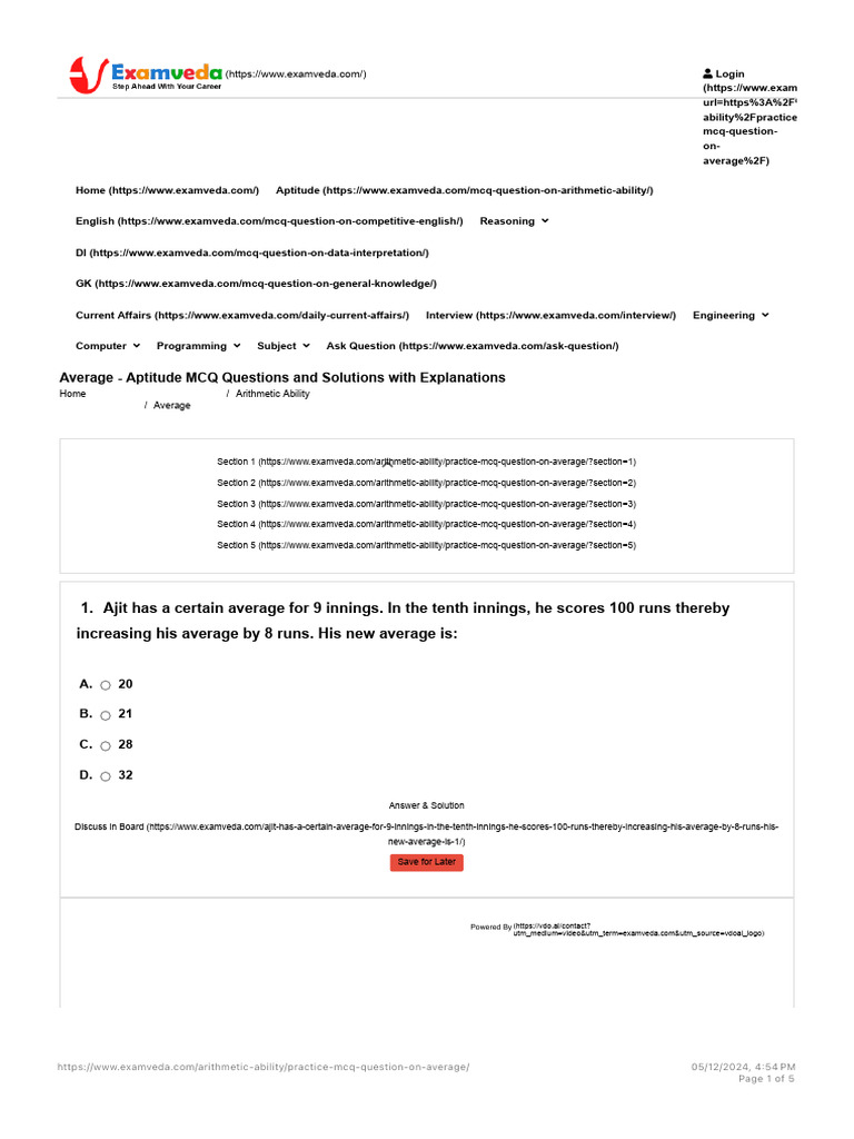 Average - Aptitude MCQ Questions and Solutions With Explanations | PDF