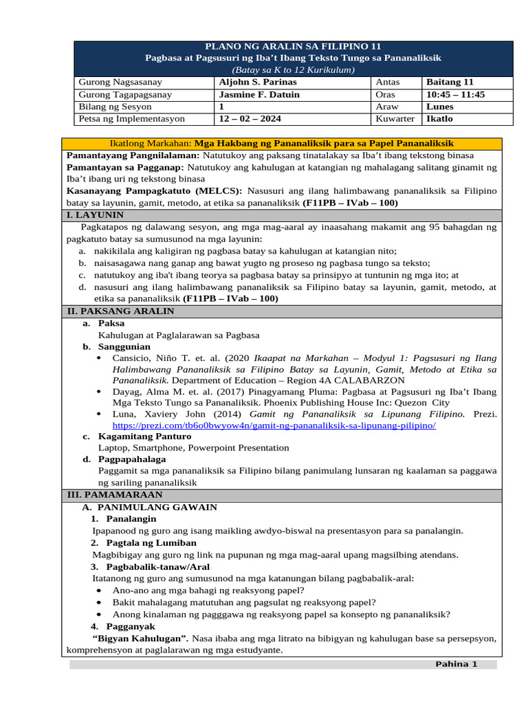 Format LP Filipino | PDF