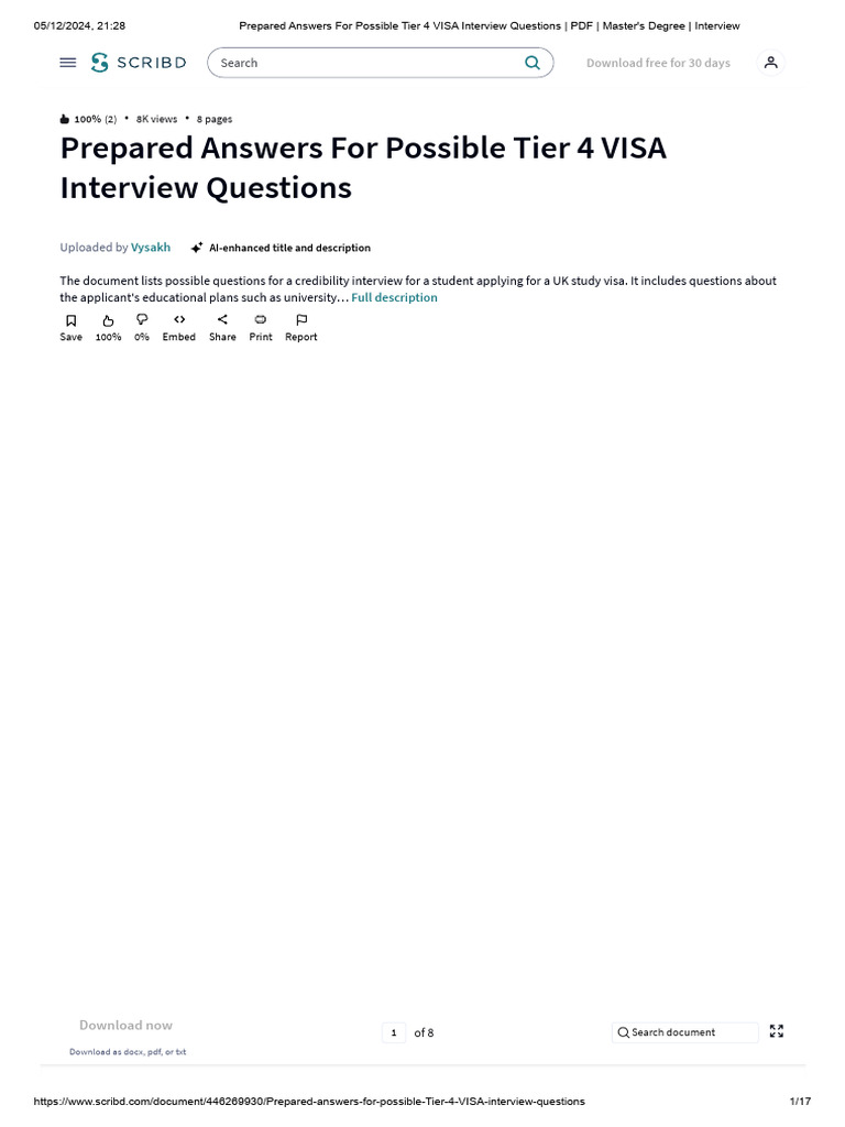Prepared Answers For Possible Tier 4 VISA Interview Questions _ PDF _ Master's Degree ...