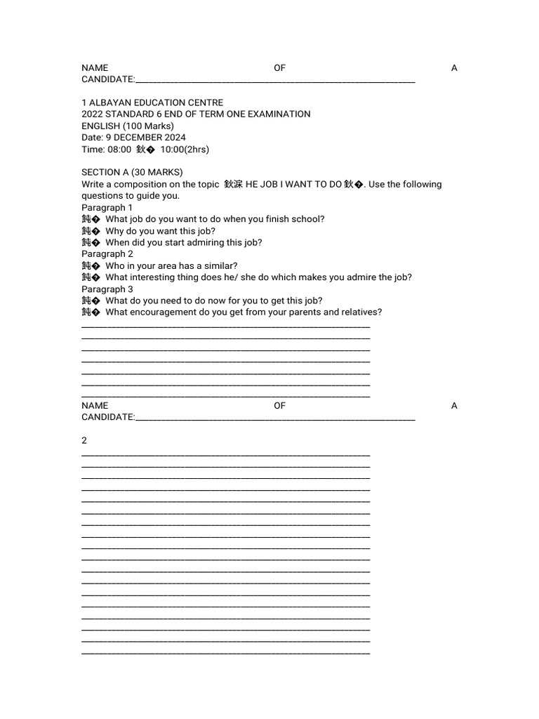 Standard 6 English Exam Paper 2024 | PDF | Dolls