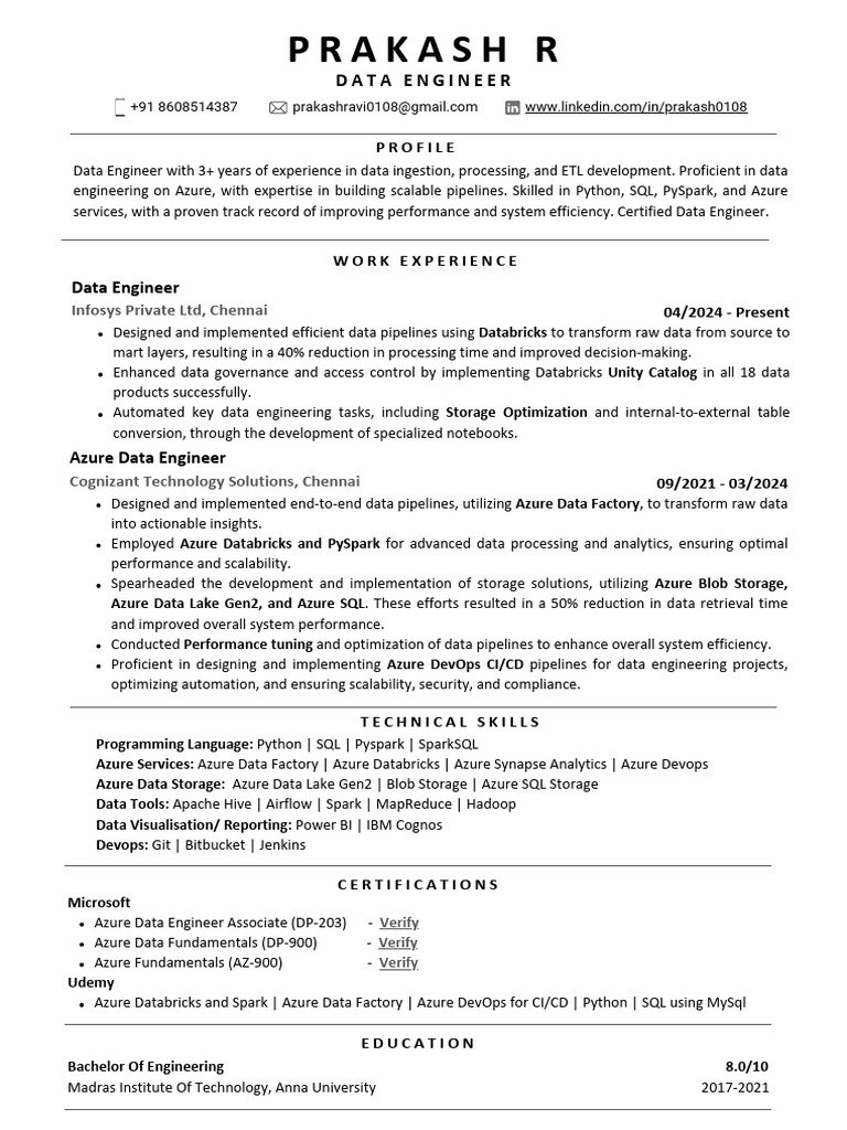 Prakash_Data_Engineer | PDF | Apache Spark | Microsoft Azure