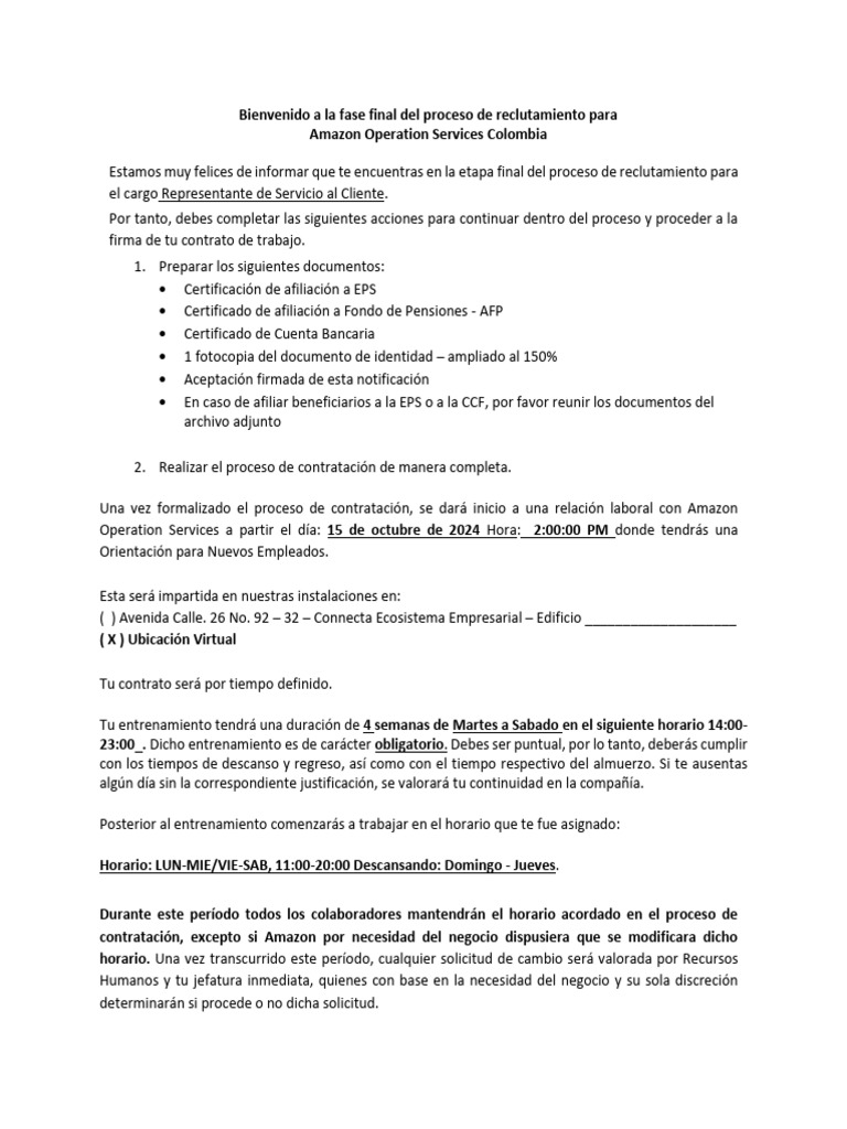 Instrucciones Finales para Contratación en Amazon | PDF