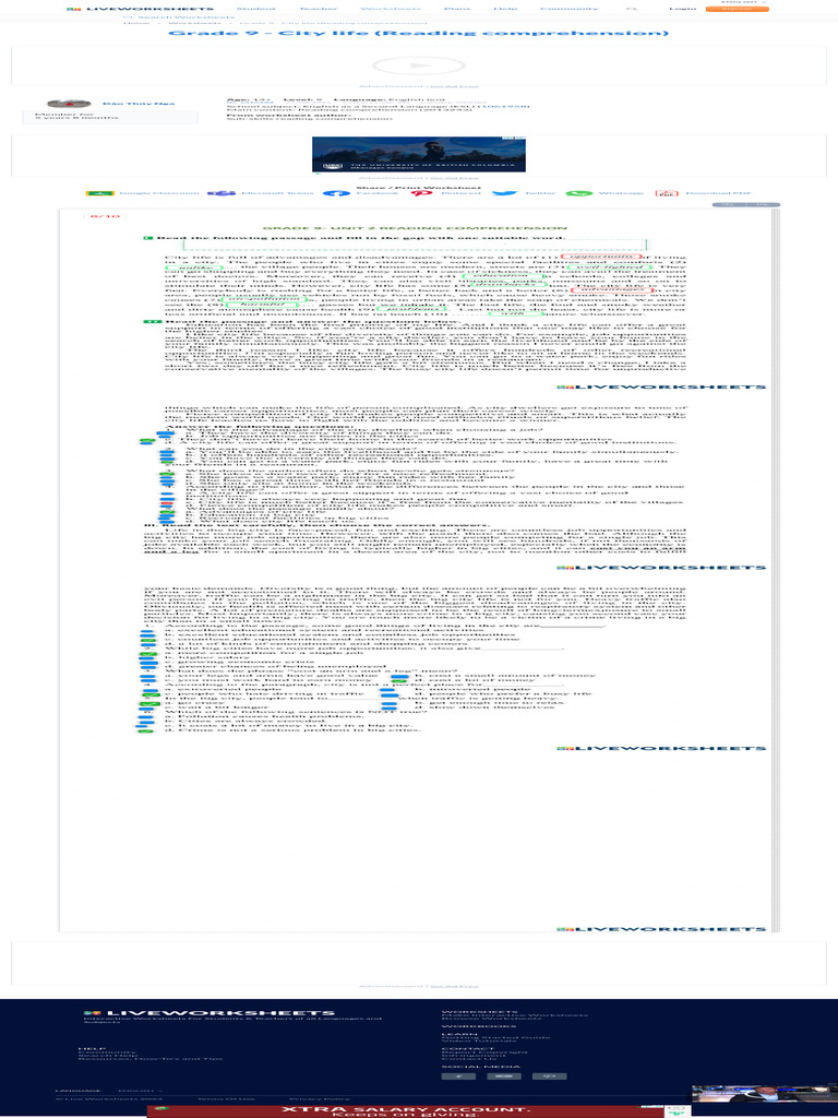 Grade 9 - City life (Reading comprehension) 1316582 Đào 2 | PDF | Worksheet
