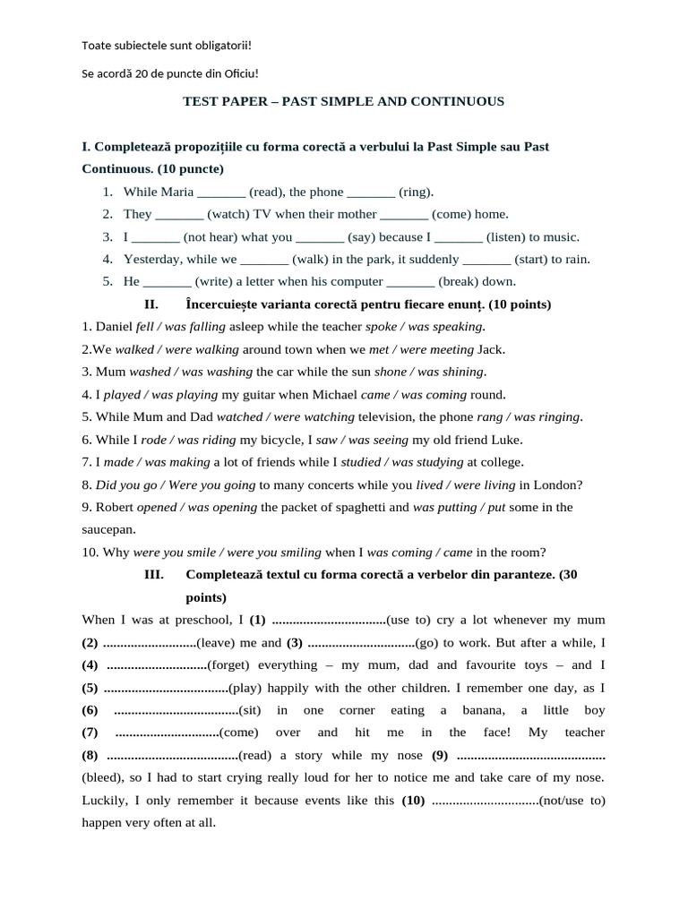 Past Simple and Continuous Test Paper | PDF