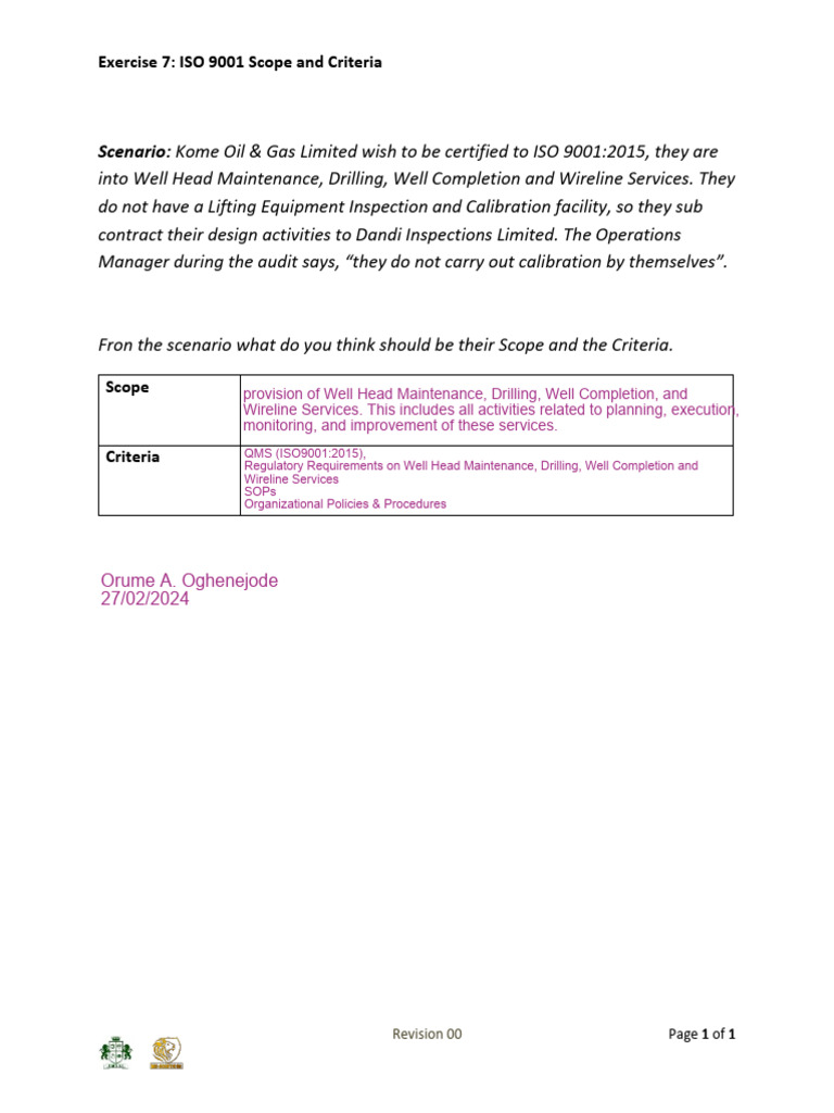 ISO 9001:2015 Scope for Kome Oil & Gas | PDF