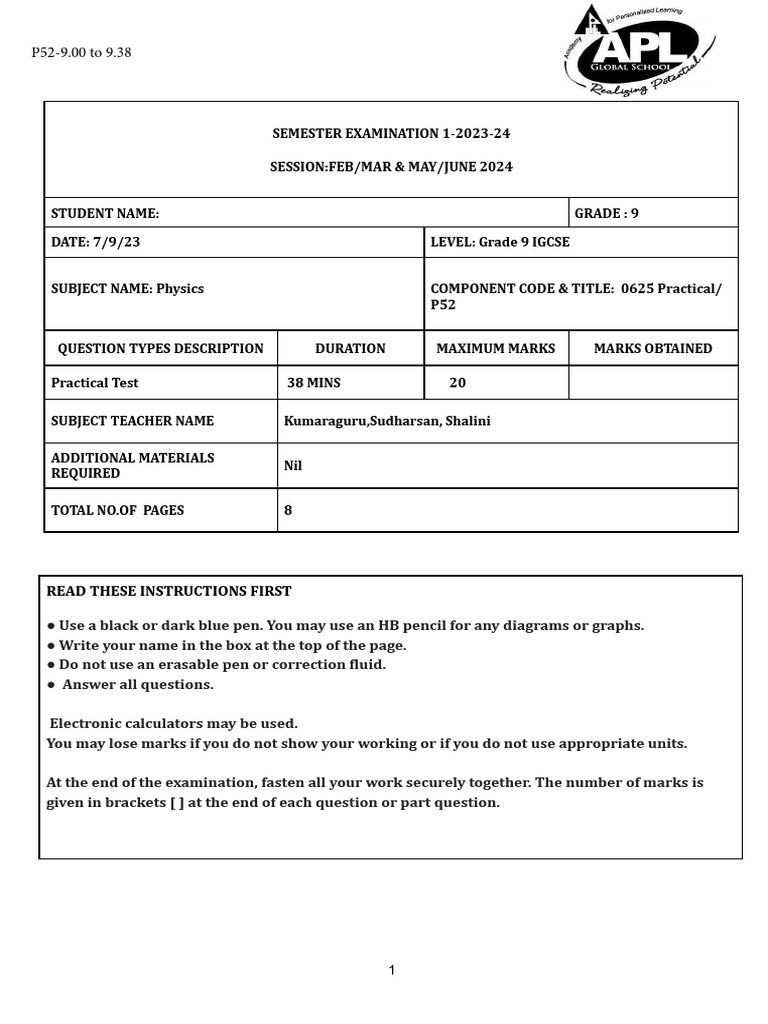 GR 9 Sem-01 QP Physics - 0625 - 52 Practicals AY 2023-24 | PDF | Pendulum