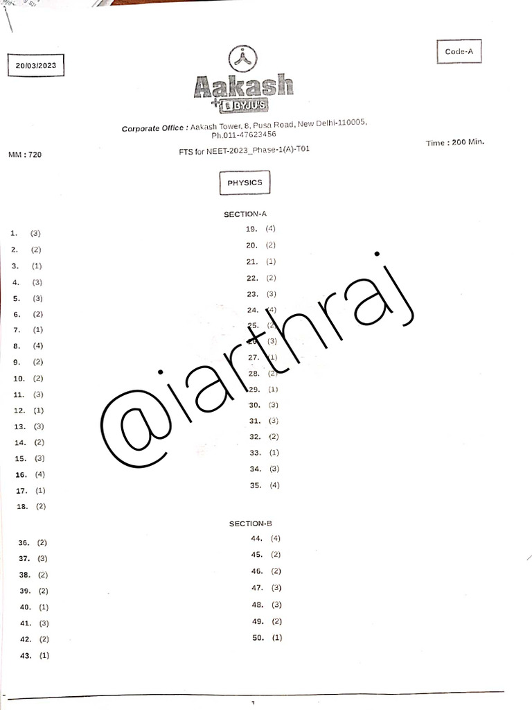 FTS Code-A Answer Key 20 March 2023 | PDF