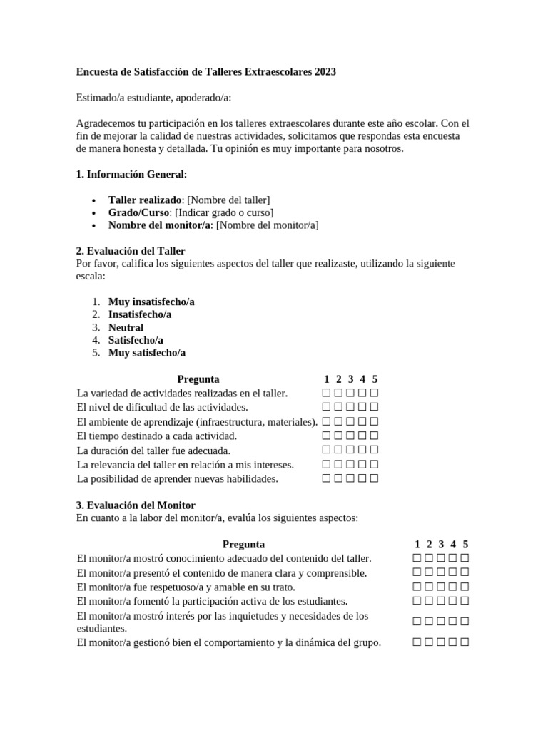 Encuesta de Satisfacción Talleres 2023 | PDF | Cognición | Aprendizaje