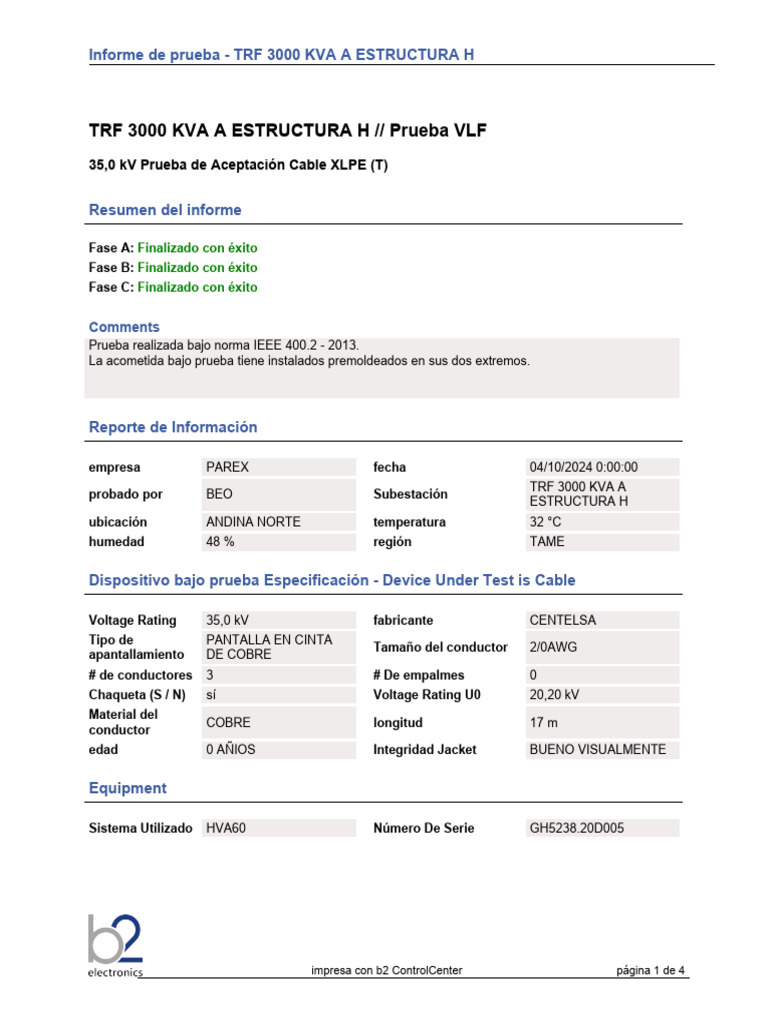 Informe Prueba VLF Cable 35 kV TRF 3000 KVA | PDF | Fenomeno fisico ...