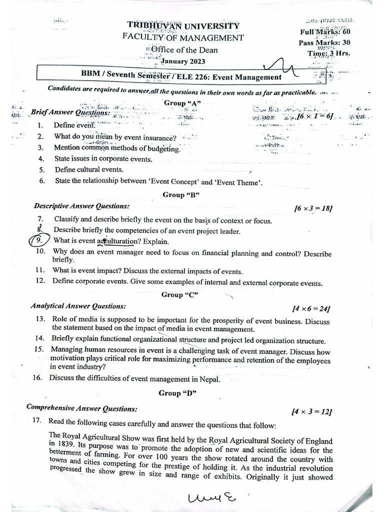 BBM 7th Semester 2023 Old Questions | PDF