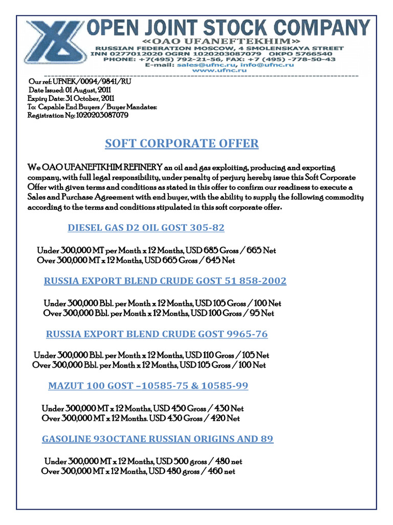 Oao Ufaneftekhim Soft Offer | PDF | Letter Of Credit | Barrel (Unit)