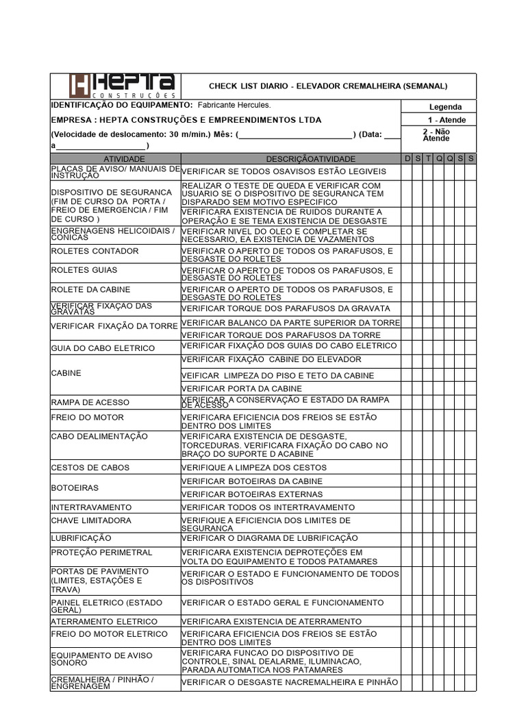 Check List Elevador | PDF | Engrenagem
