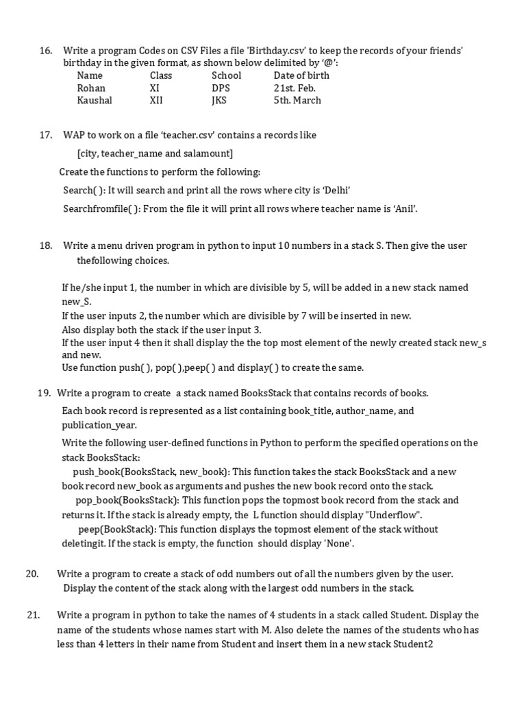 List Of Practicalcsclass 12 Pdf Computer Programming Computing